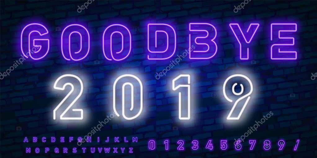 Signo de neón aislado realista vectorial del logotipo de Goodbye 2019 ...
