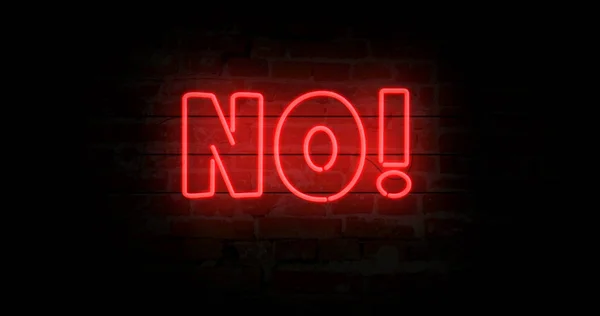 No neon sign light on brick wall background. Glowing large text ...