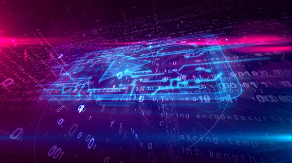 Digital media and mobile player sign on binary background 3D ...