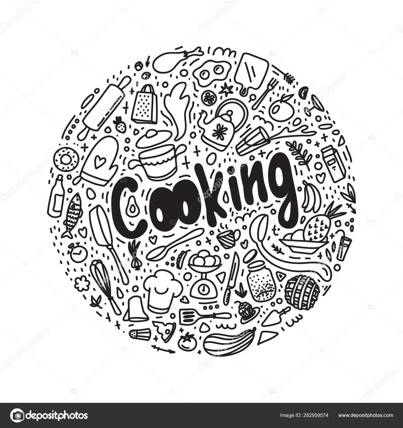 Cooking doodle round illustration. Sketch kitchenware. Ingredients ...