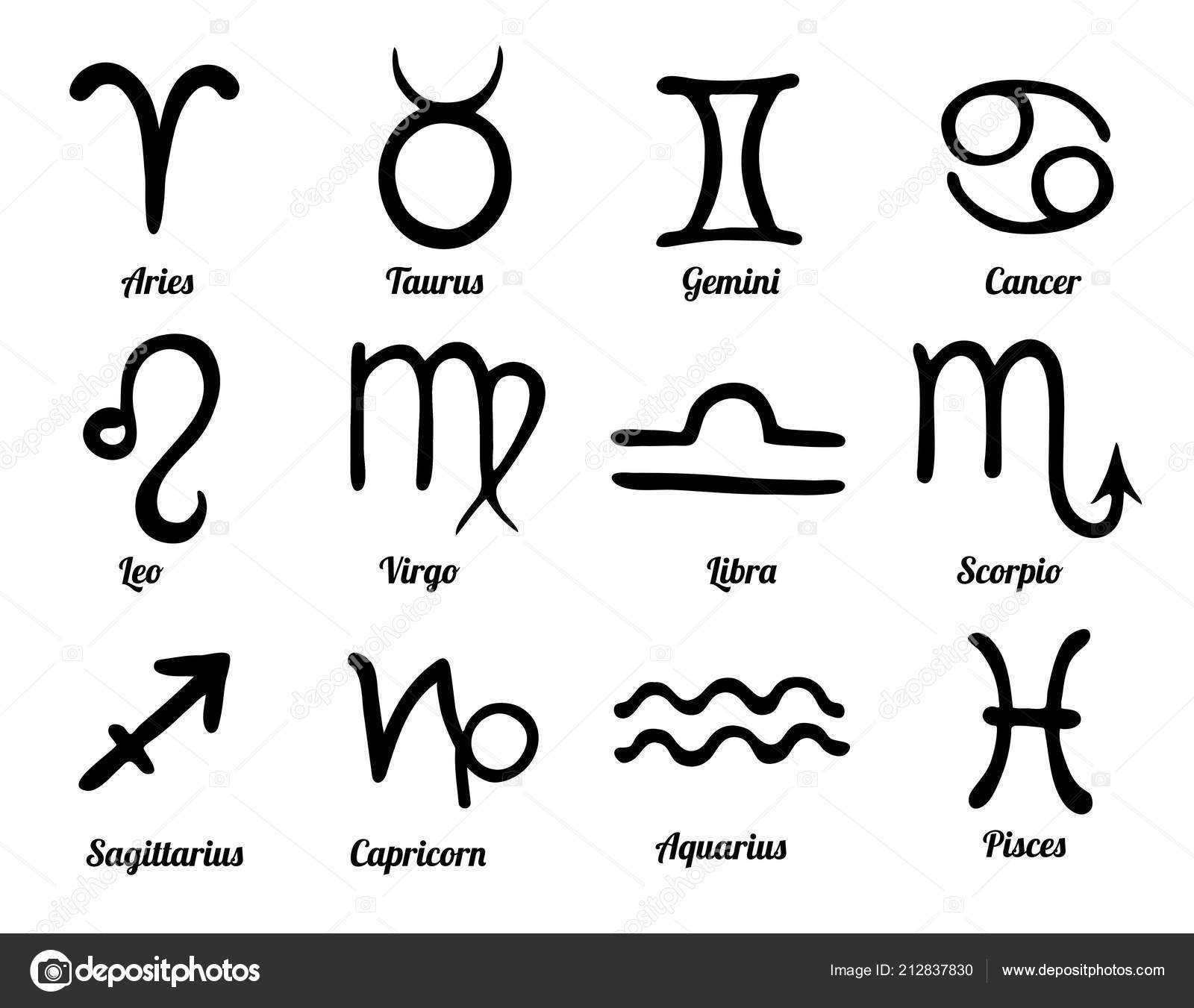 Set Hand Drawn Zodiac Signs Black Astrological Symbols Stock Photo by ...