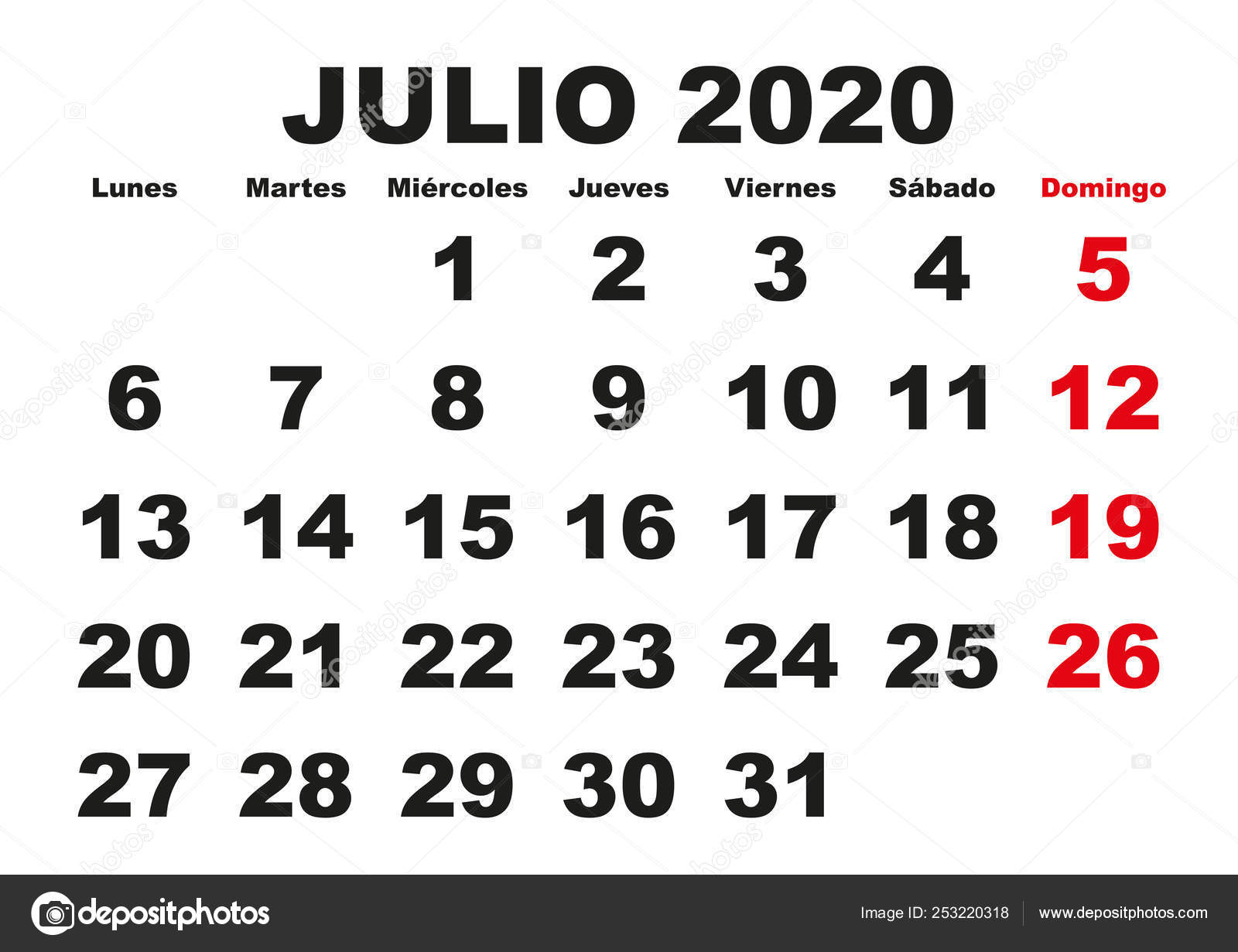 Julio 2020 wall calendar spanish — Stock Vector © alfonsodetomas #253220318
