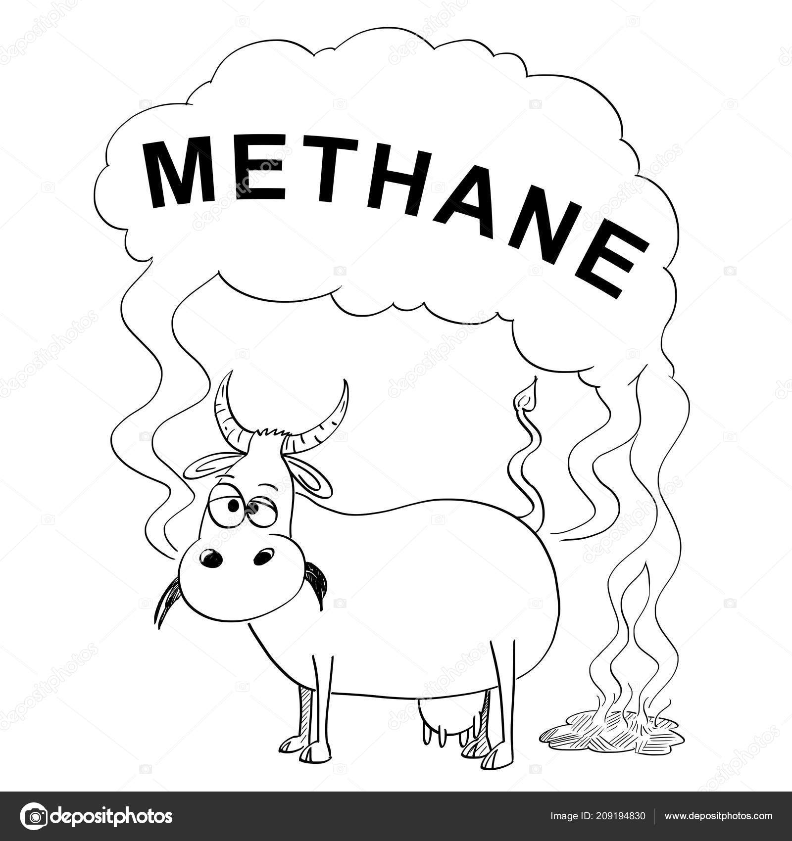 Vector Black and White Drawing or Illustration of Cow Producing Methane ...