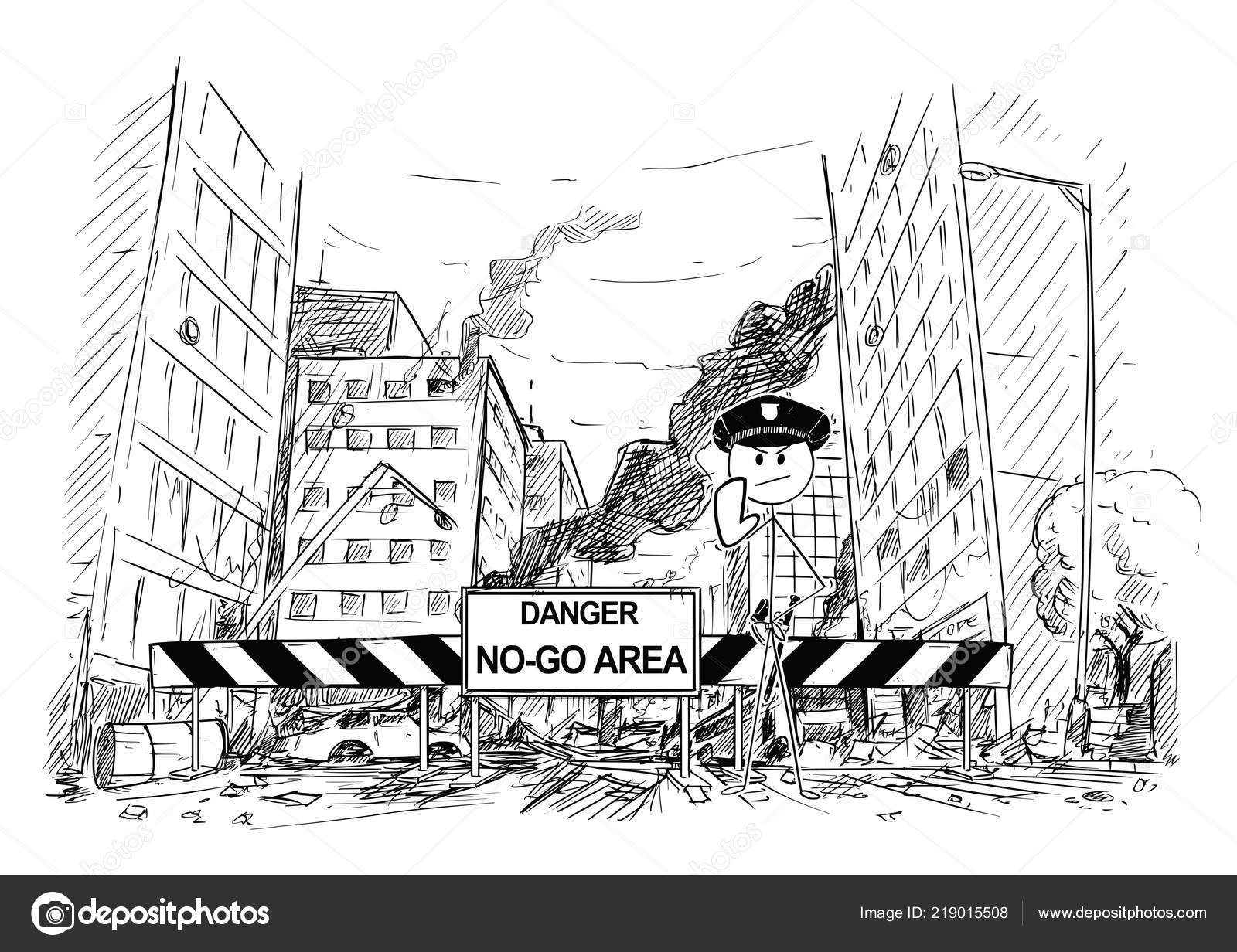 Hand Drawing of City Street Destroyed by Riot, Road Blocked by Danger ...