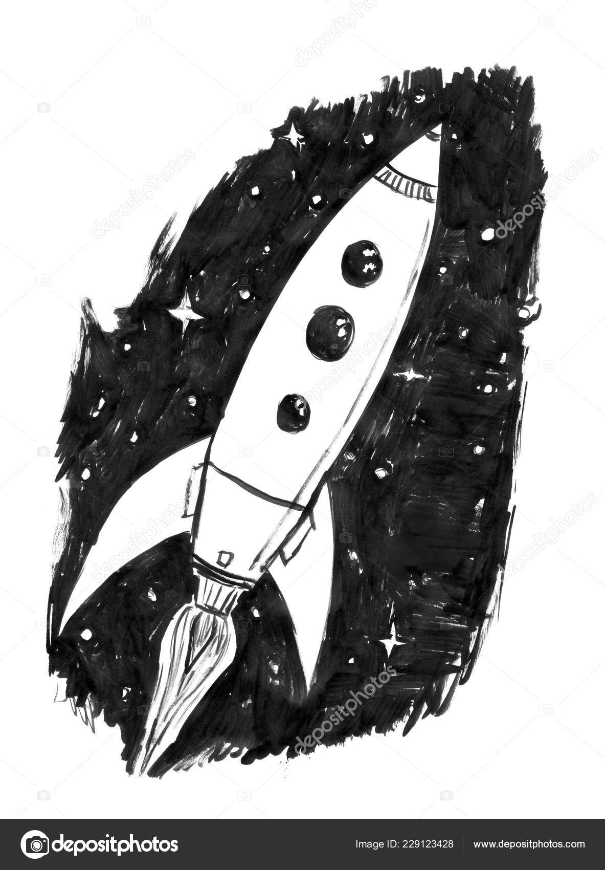 Black Ink Grunge Hand Drawing of Retro Spaceship or Space Rocket ...