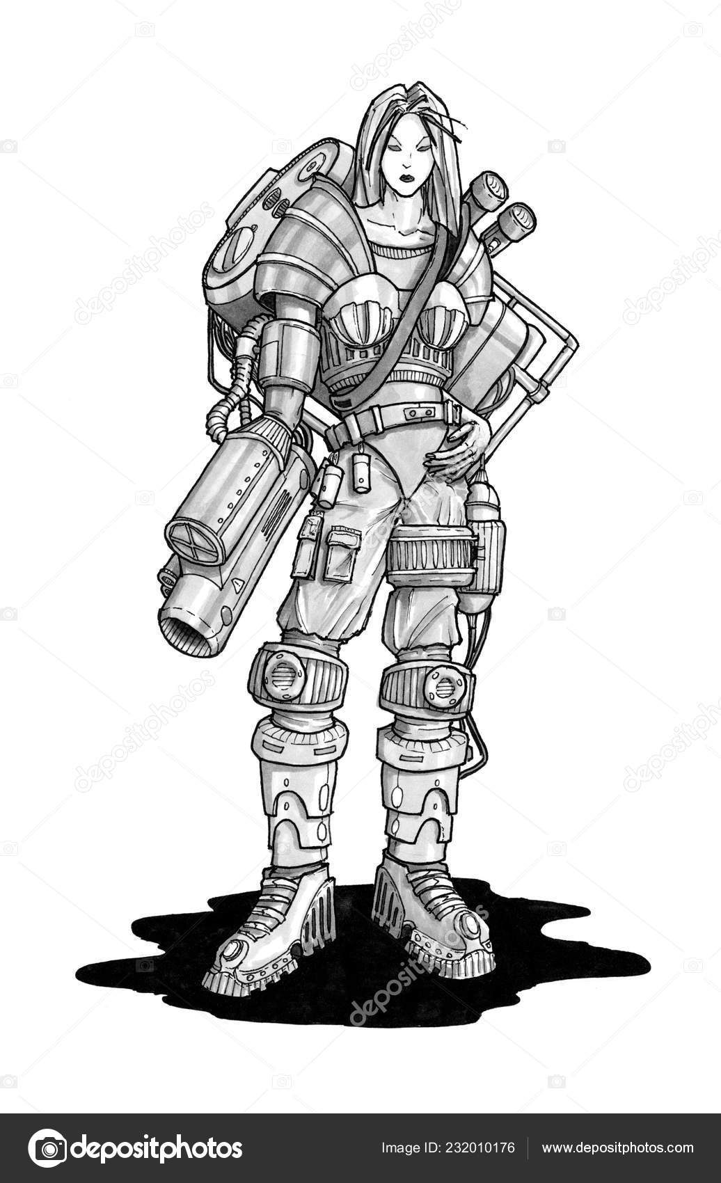 Ink Concept Art Drawing of Cyborg Woman With Weapon Attached to Her Arm ...