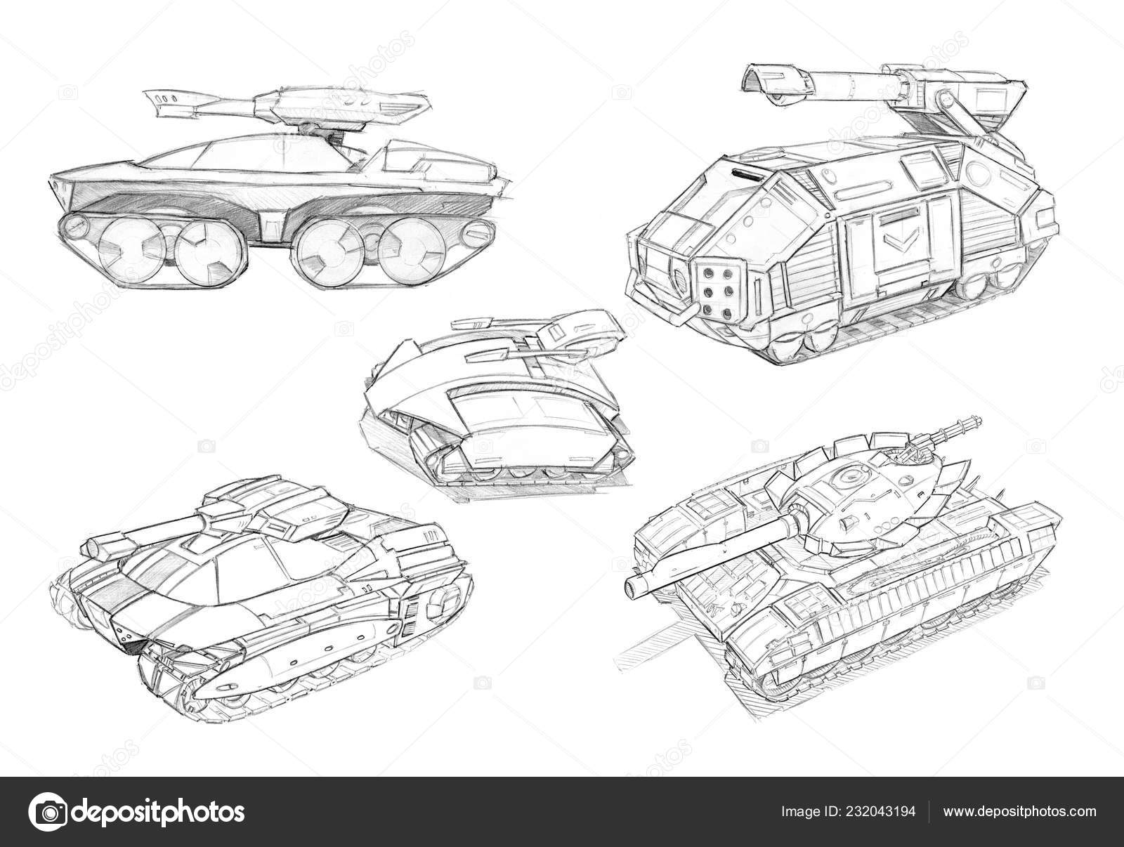Black Pencil Concept Art Drawing of Set of Sci-fi Future Military Tank Designs Stock ...
