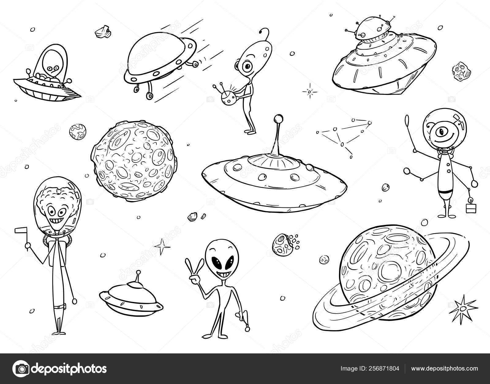 Set of Cartoon Alien Monster Characters , UFO Space Ships and Planets ...