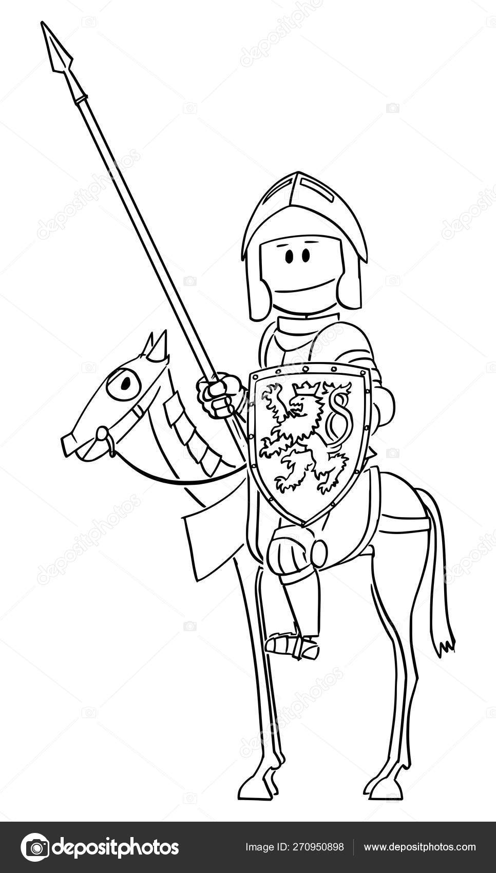 Black And White Cartoon Knight On Horse