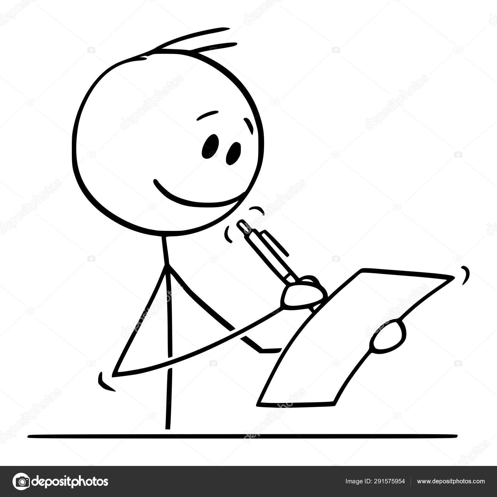 Vector Cartoon of Smiling Man or Businessman Writing on Sheet of Paper ...