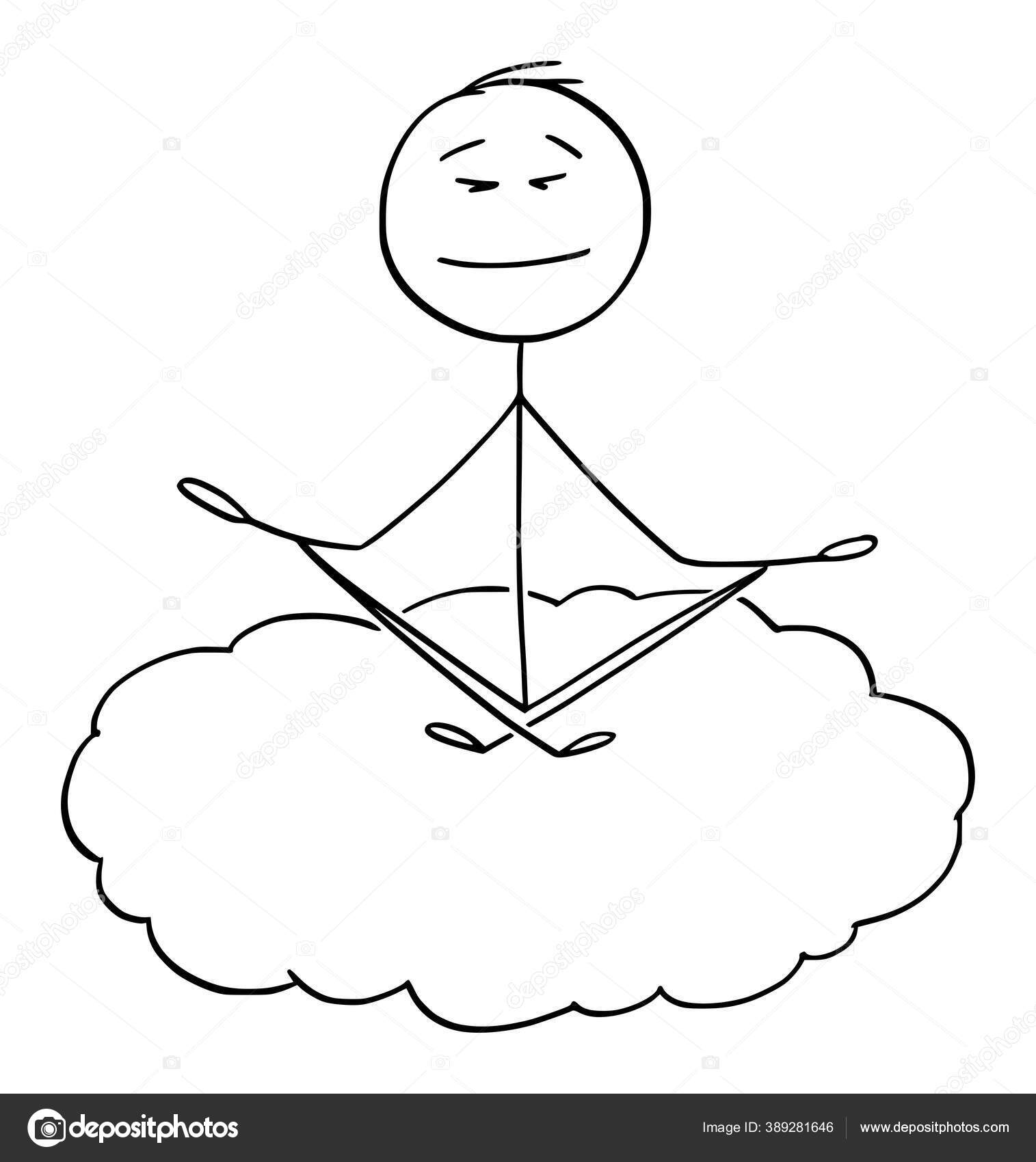 Vector Cartoon Illustratie van de mens Mediteren op Cloud. Ontspanning ...