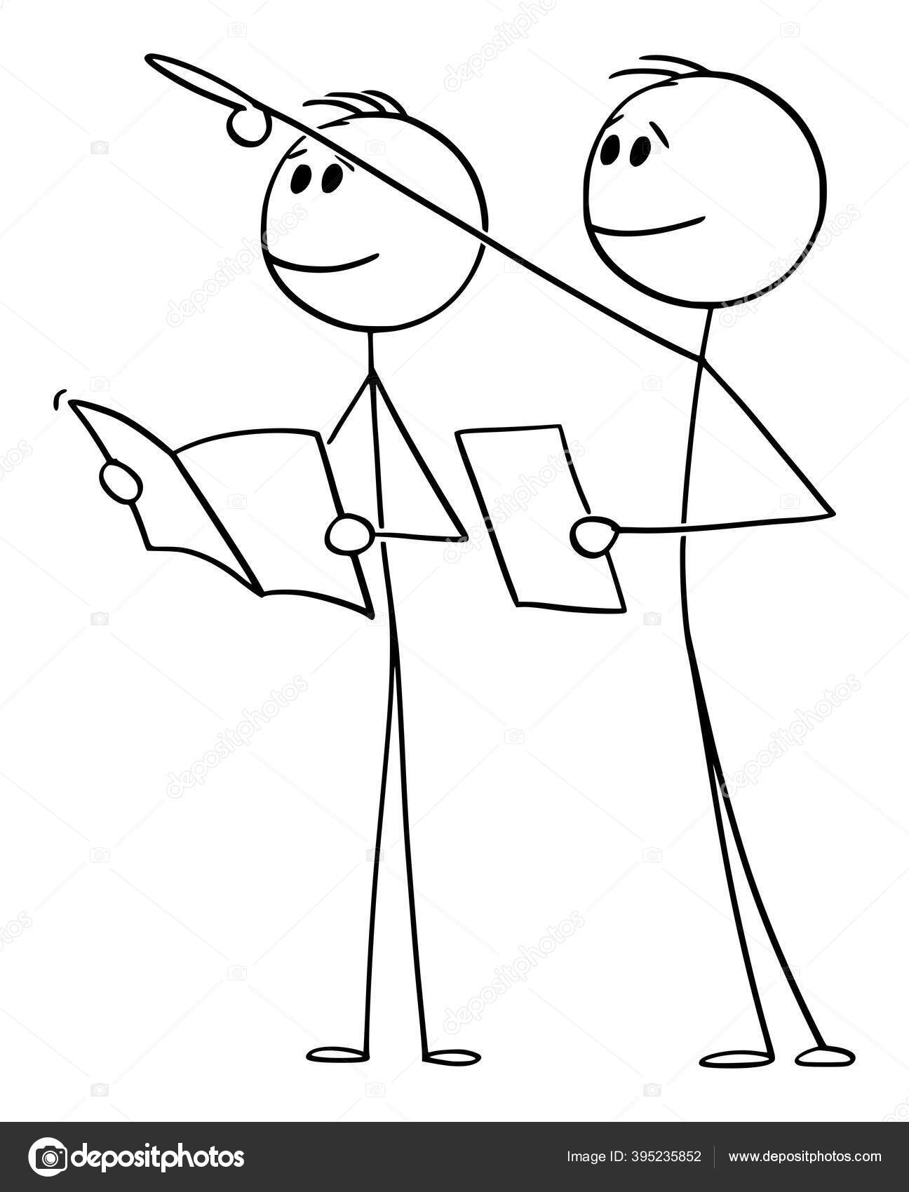 Vector Cartoon Illustration of Two Men or Tourists Looking and Pointing ...