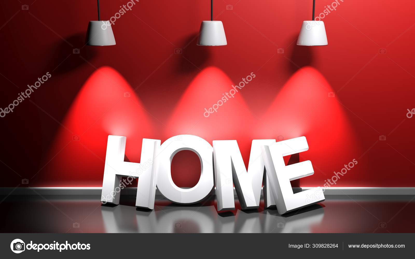 Write Home White Letters Leaning Red Wall Black Glossy Floor — Stock ...