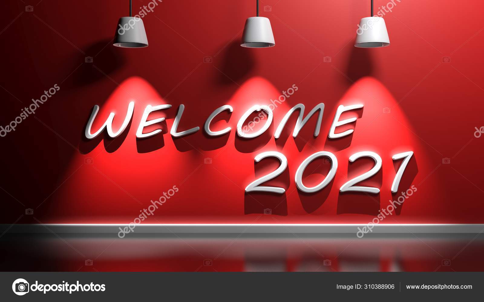 Write Welcome 2021 Red Wall Illuminated Three Lamps Rendering ...