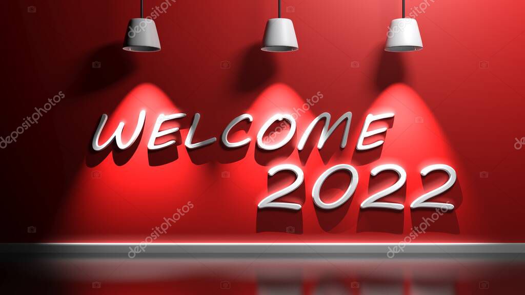La escritura BIENVENIDO 2022 en una pared roja, iluminada por tres ...