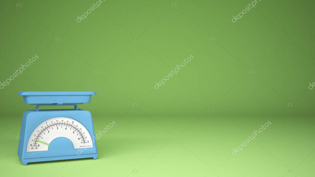 Cocina azul balanzas de pesaje vacías, en el espacio de copia de fondo ...