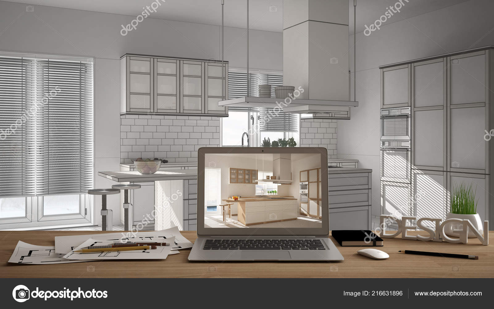 Architect Designer Desktop Concept Laptop Wooden Work Desk Screen ...