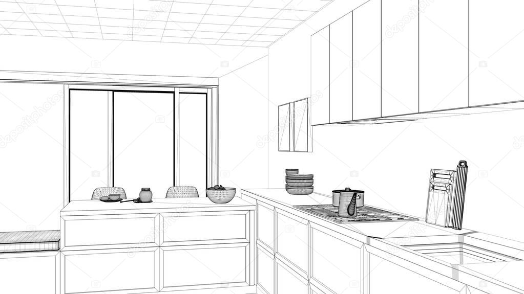 Illustrazione stock Progetto Interior Design Schizzo Inchiostro Bianco ...