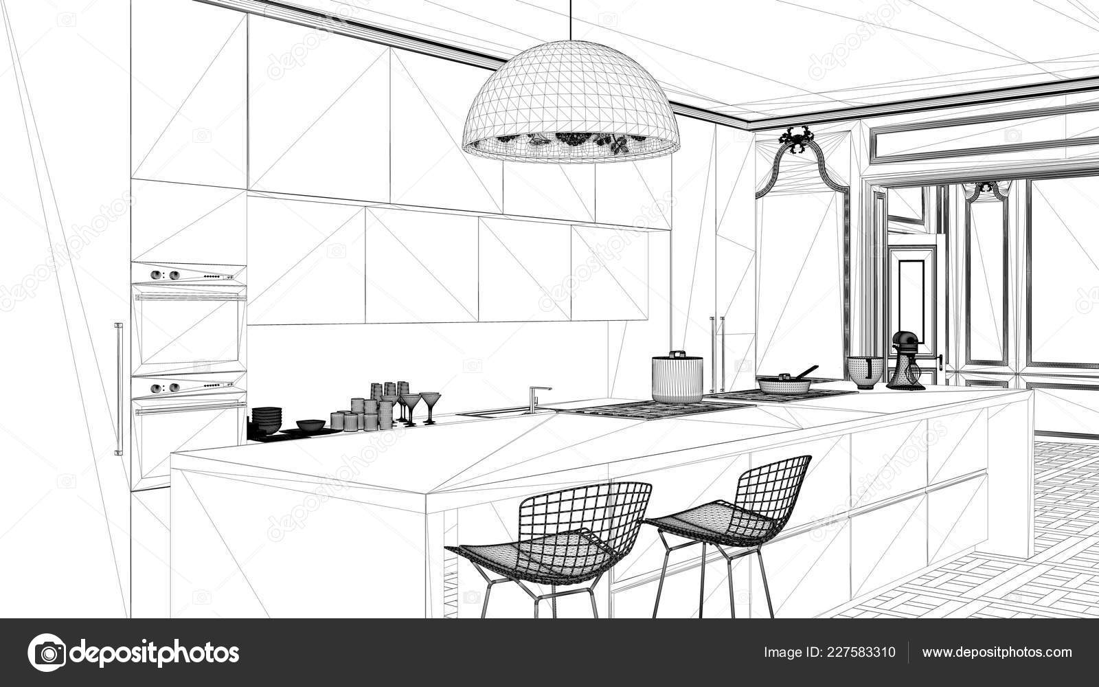 Illustrazione stock Progetto Interior Design Schizzo Inchiostro Bianco ...