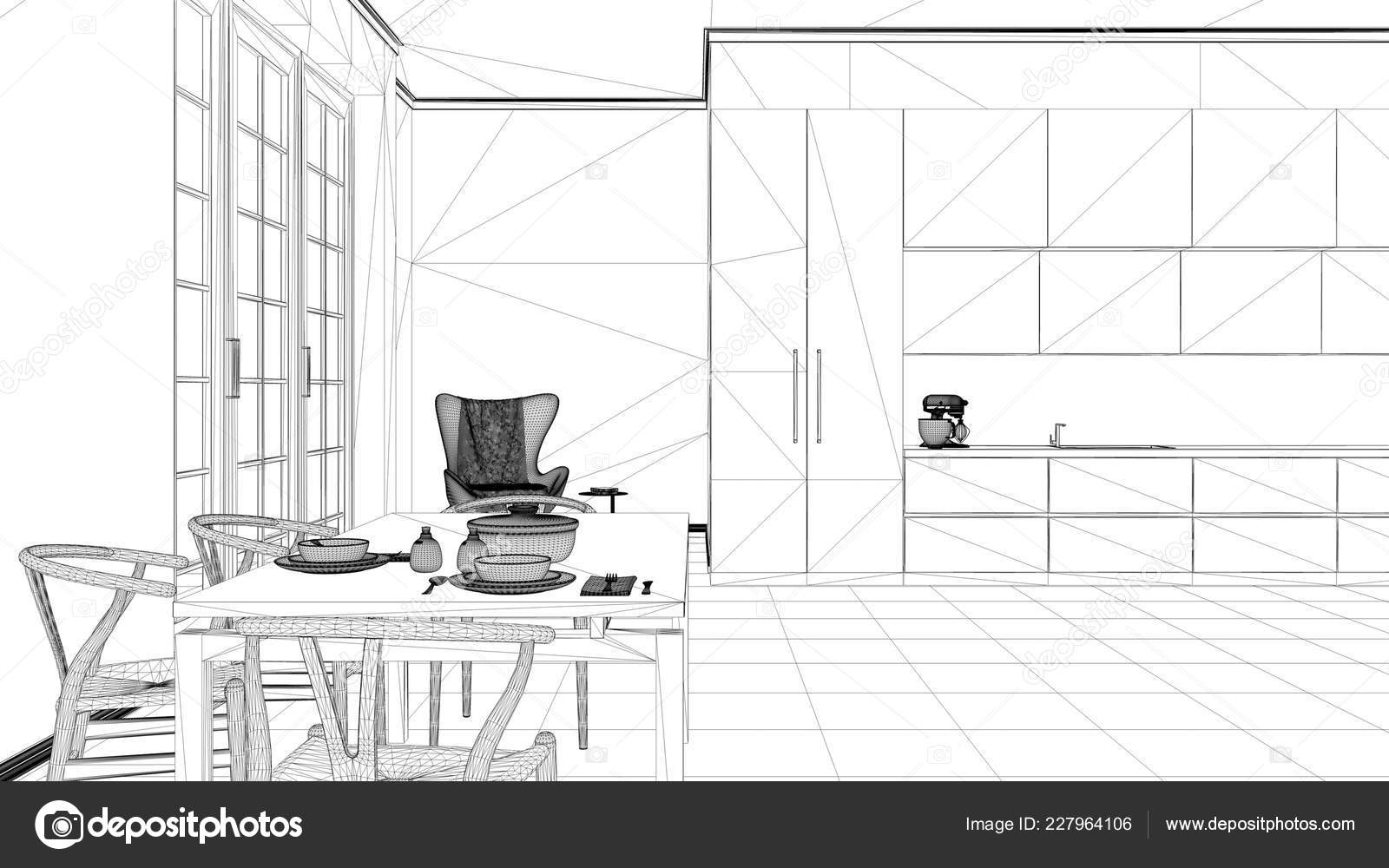 Interiérový Design Projektu Černé Bílé Inkoustu Skica Projekt ...