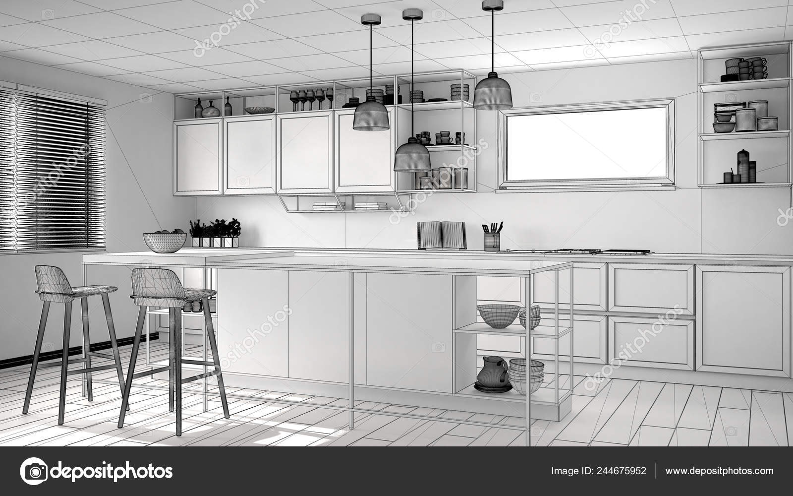 Unfinished Project Draft Kitchen Wooden Details Parquet Floor Modern ...