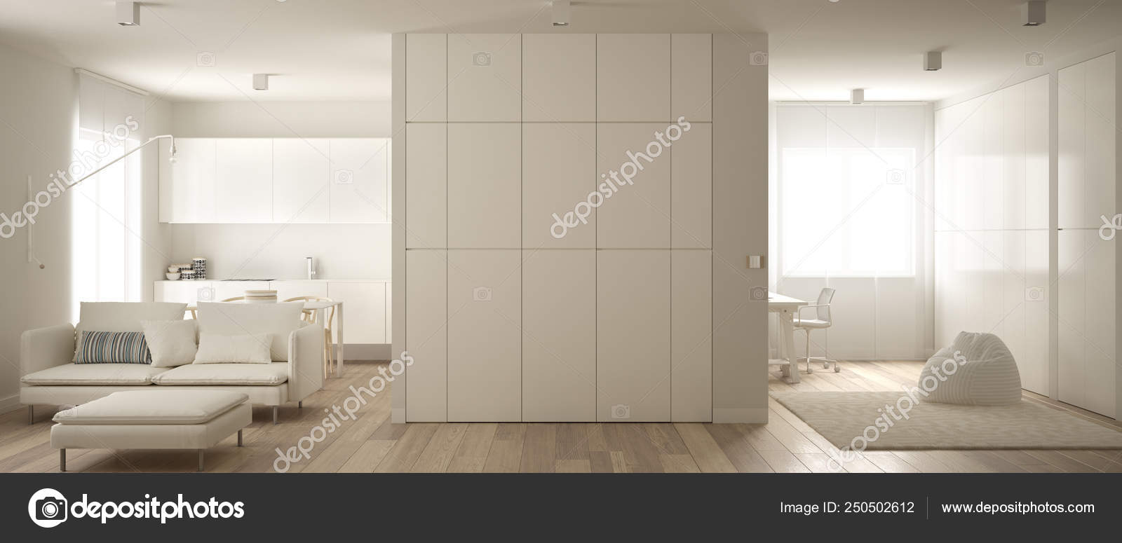 Panoramic view of one room apartment, kitchen, living room and home ...