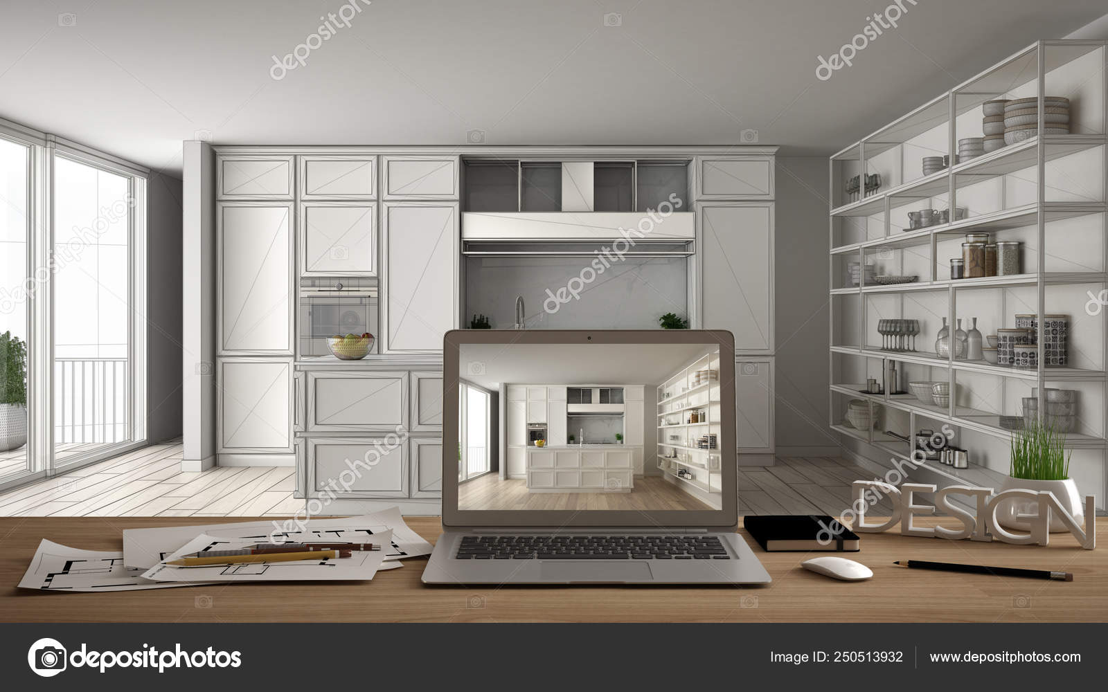 Architect designer desktop concept, laptop on wooden work desk with ...