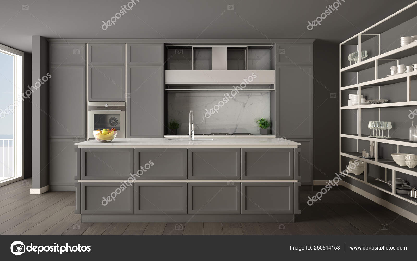 Classic gray kitchen in modern open space with parquet floor and big ...