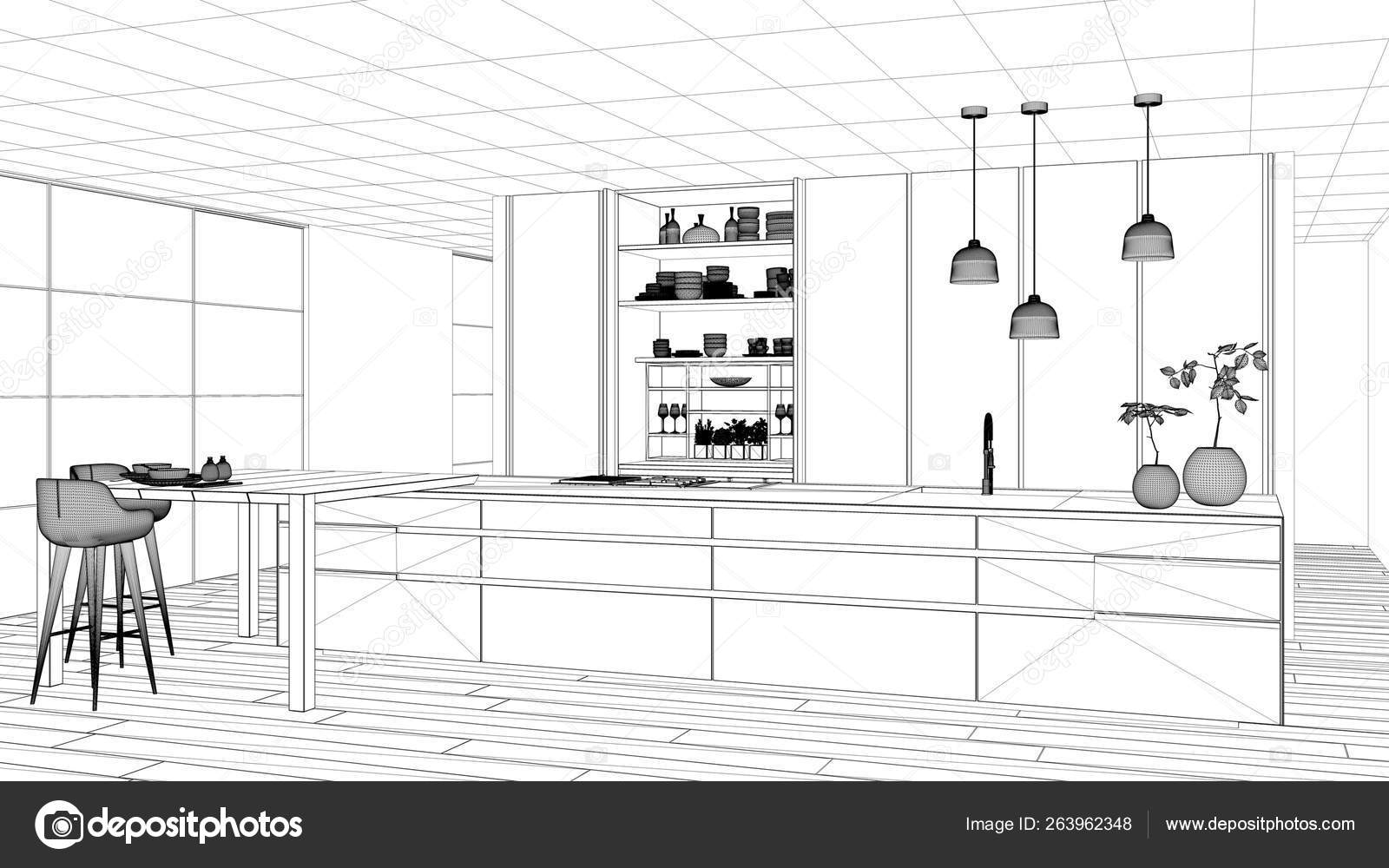 Blueprint project draft, minimalist kitchen, island, table, stools and ...
