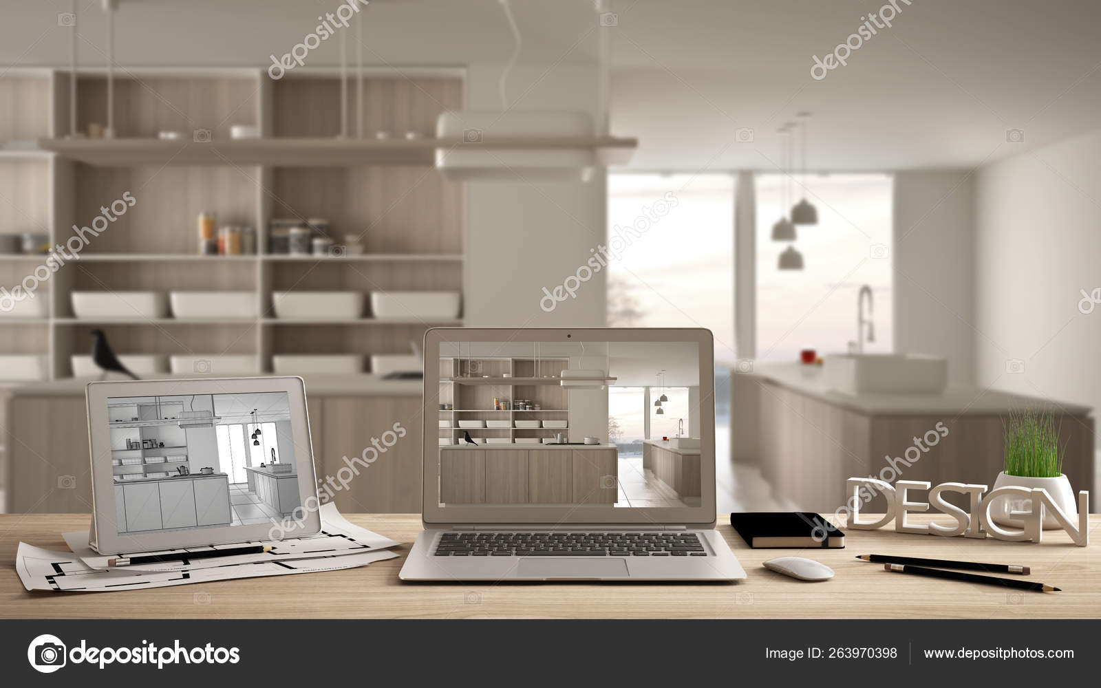 Architect designer desktop concept, laptop and tablet on wooden desk ...