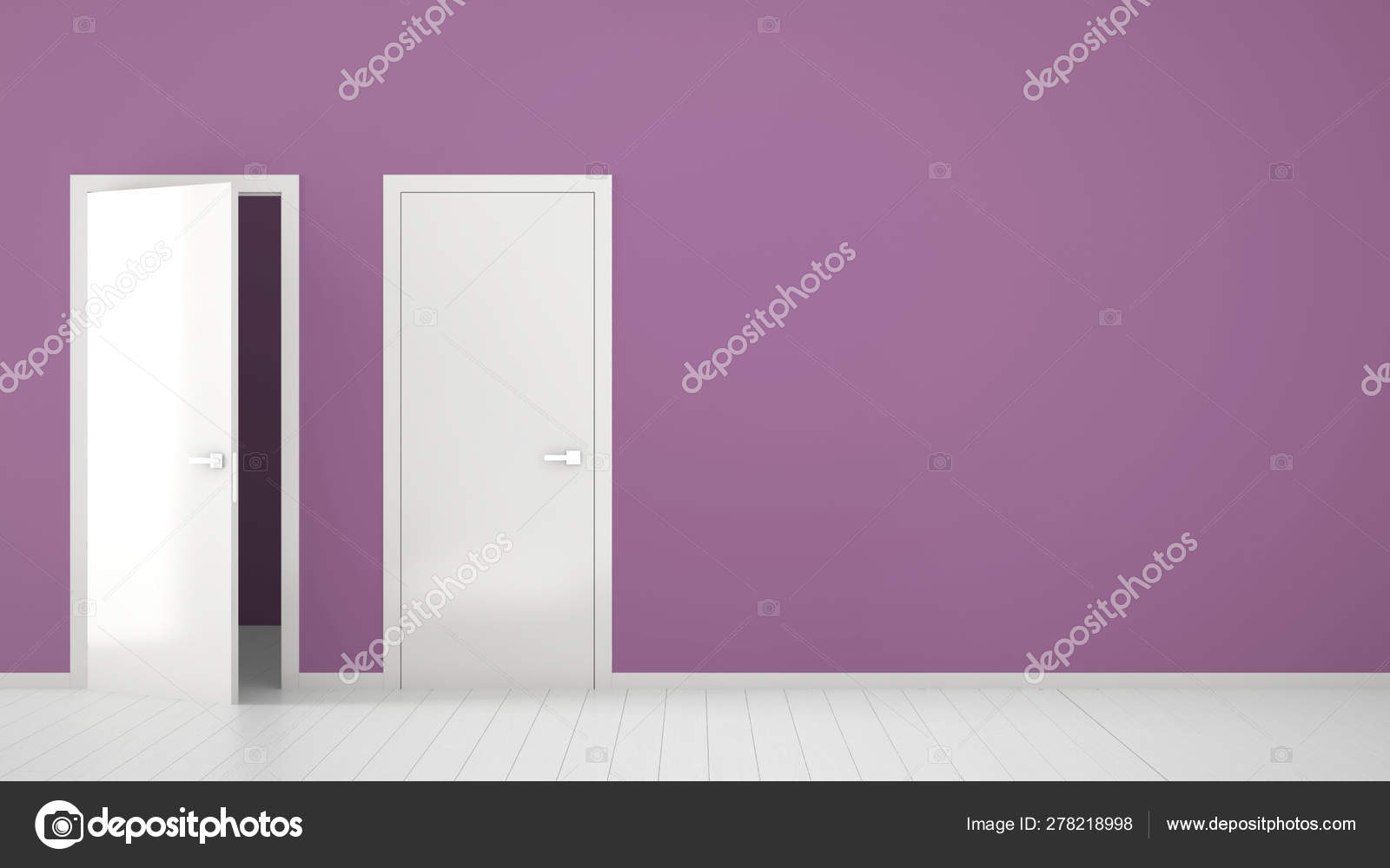 Empty purple room interior design with open and closed doors with frame ...