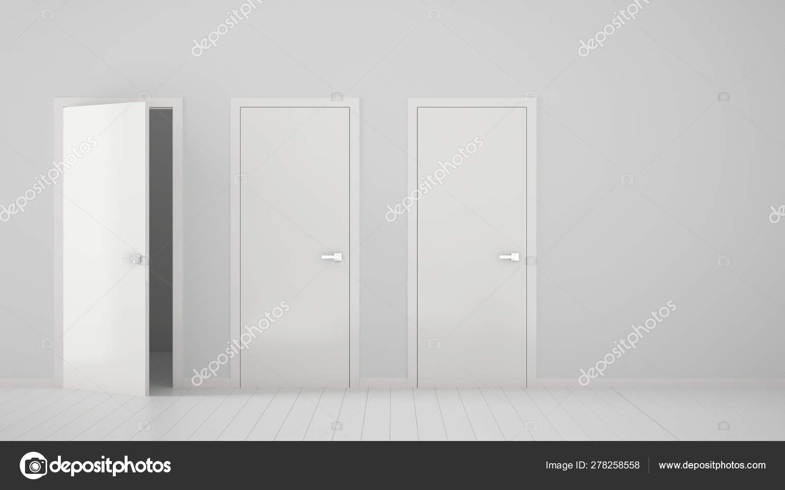 Empty room interior design with closed and open doors with frame, door ...