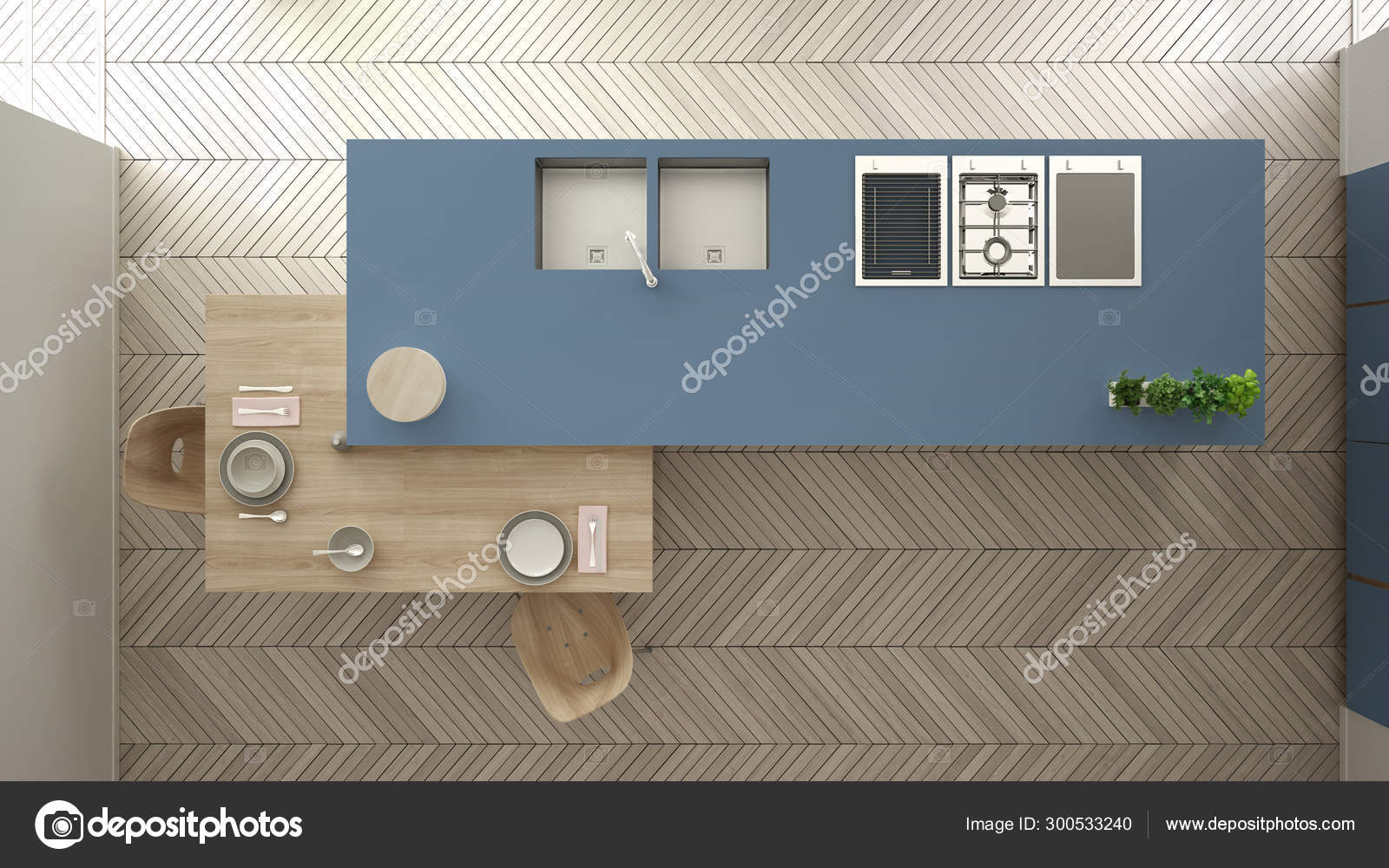 Modern clean contemporary blue kitchen, island and wooden dining table ...