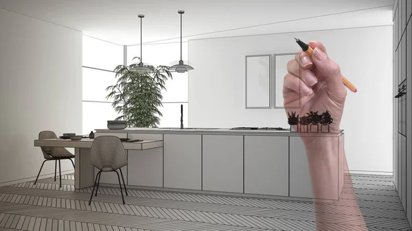 Hand drawing custom modern minimalist white kitchen. Tailored ...