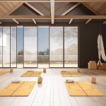 Empty yoga studio interior design, minimal open space with mats ...