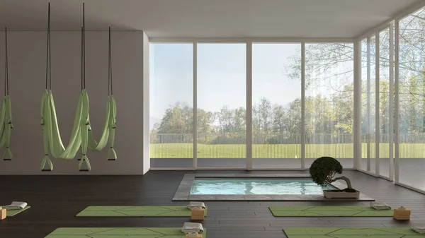 Empty yoga studio interior design, minimal open space with mats ...