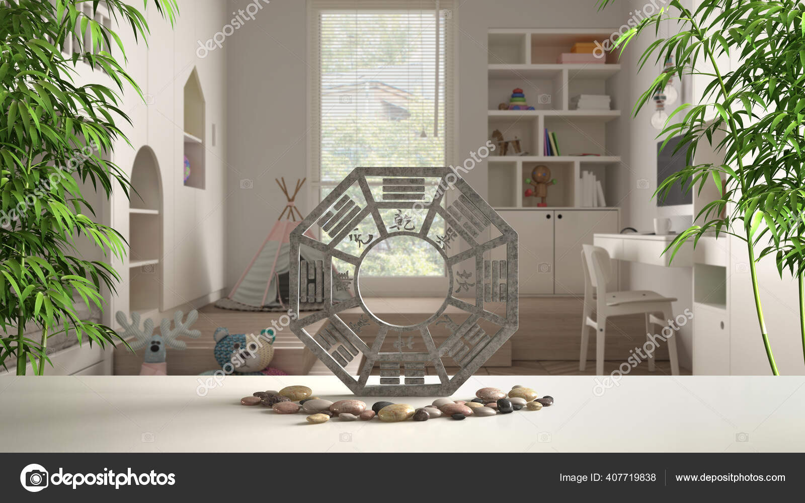 White Table Shelf Pebble Balance Letters Making Word Feng Shui — Stock ...