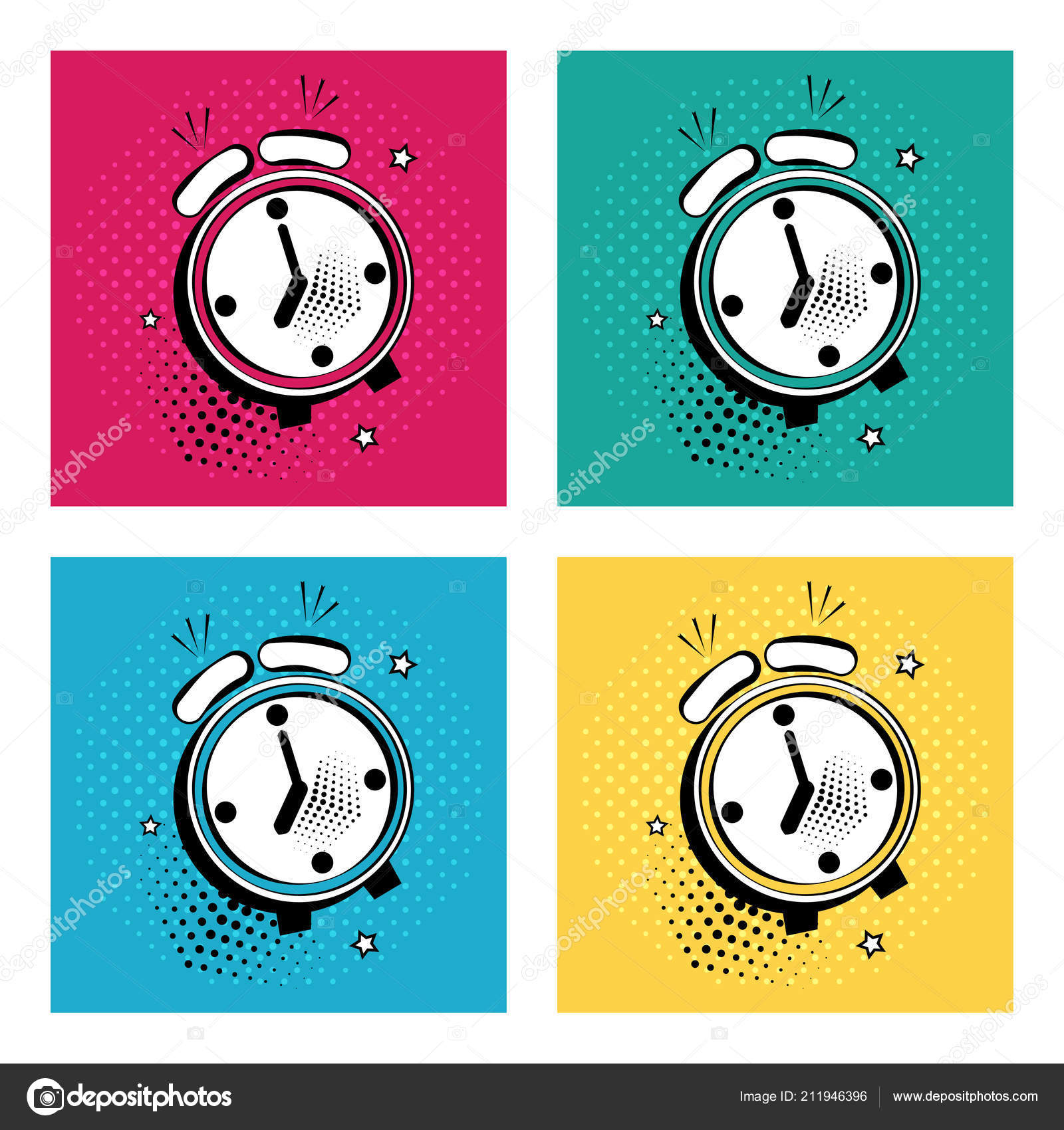 Set White Comic Alarm Clock Stars Colorful Background Pop Art Stock ...