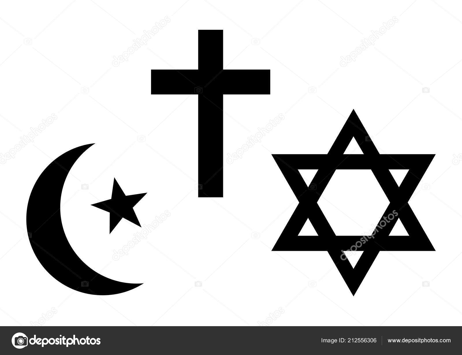 Tre Verdensreligioner Symboler Islam Kristendom Jødedom Sort Silhuet ...