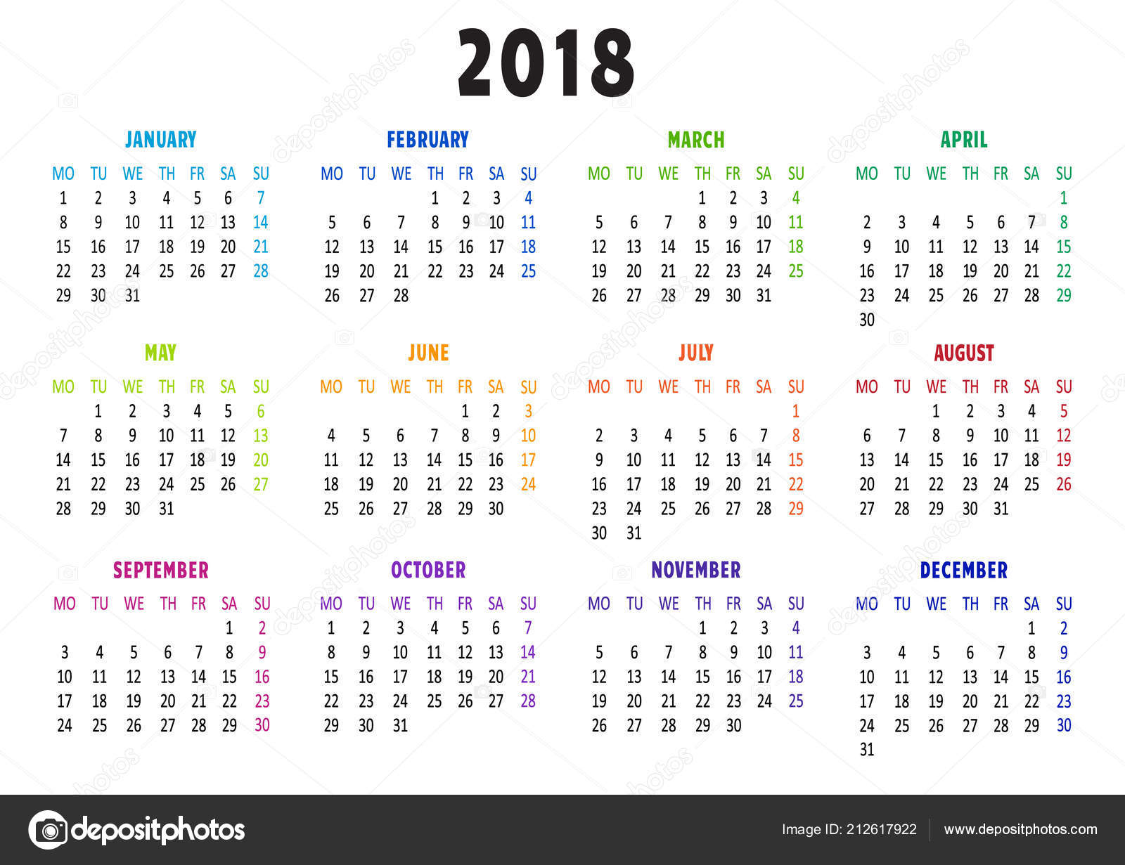 Calendar 2018 Template Week Starts Monday Vector Illustration Stock ...