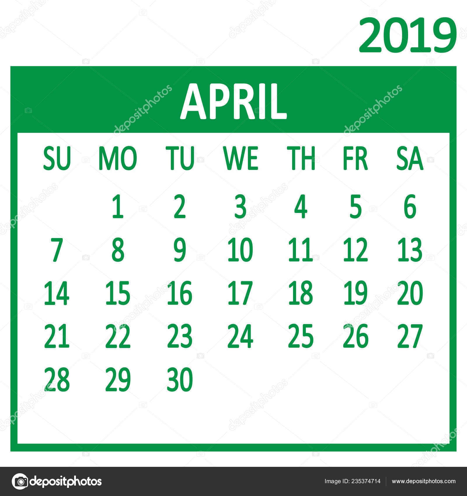 April Fourth Page Set Calendar 2019 Template Week Starts Sunday Stock ...