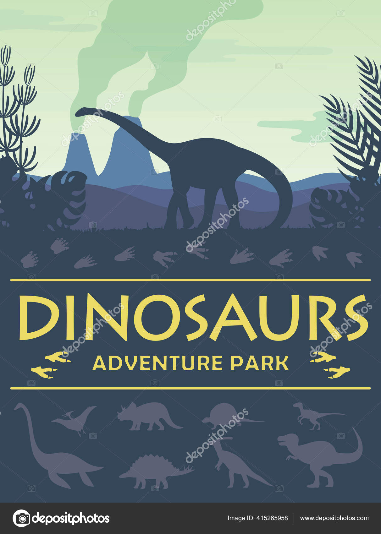 Dinosaurs Adenture Park Poster Prehistoric World Dinosaurs Silhouette ...