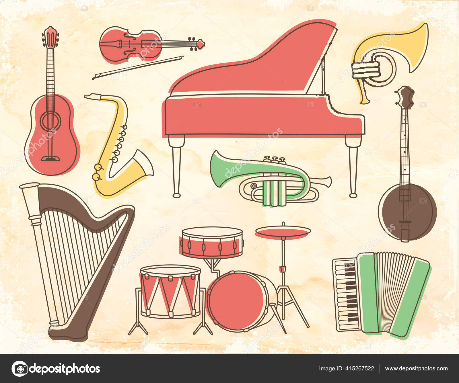 Set Musical Instruments Old Paper Background Retro Style Vector ...