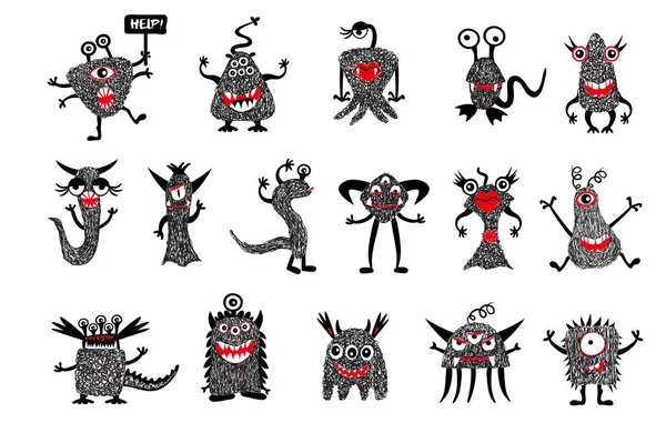 Cute Black Monster Set Isolated White Background Cartoon Monsters ...
