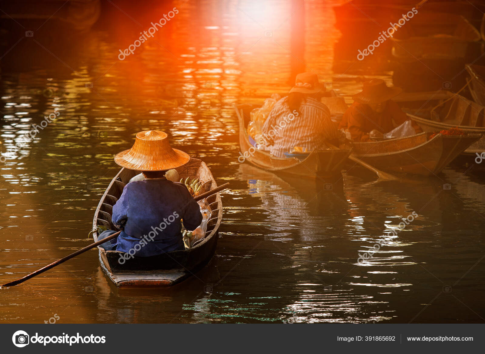 Woman Sailing Thai Trading Boat Floating Maket Most Popular Traveling ...