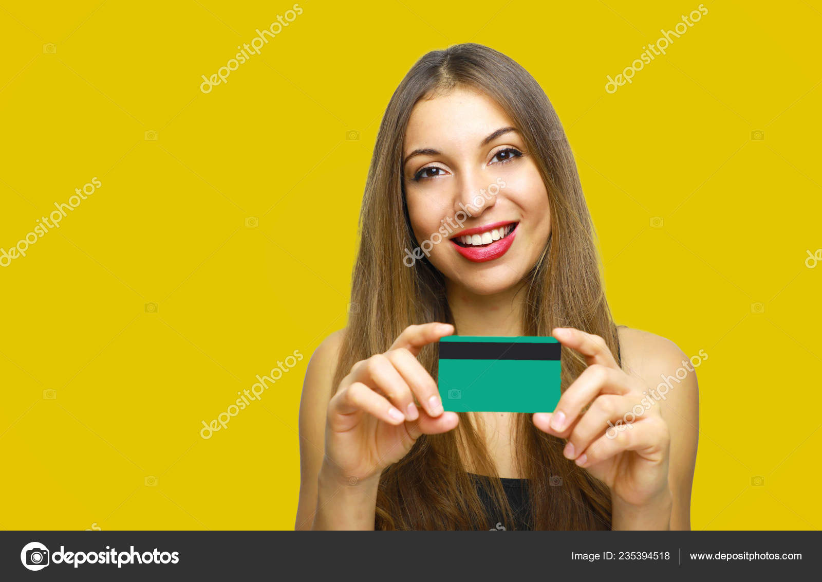 Close Portrait Happy Young Girl Long Hair Showing Credit Card Stock ... Close Portrait Happy Young Girl Long Hair Showing Credit Card Stock ...