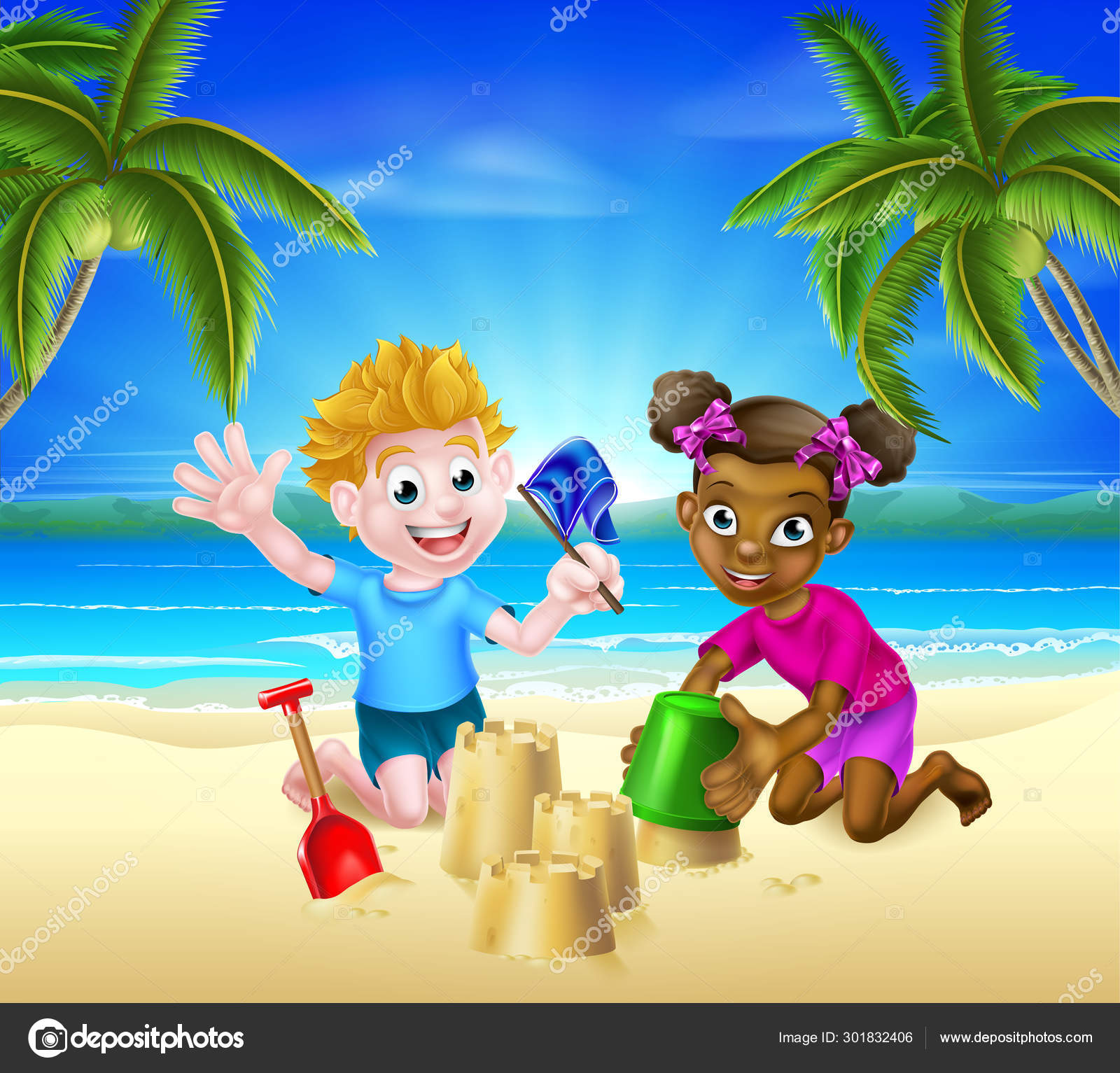 Niños de dibujos animados divirtiéndose en la playa Vector de stock ...