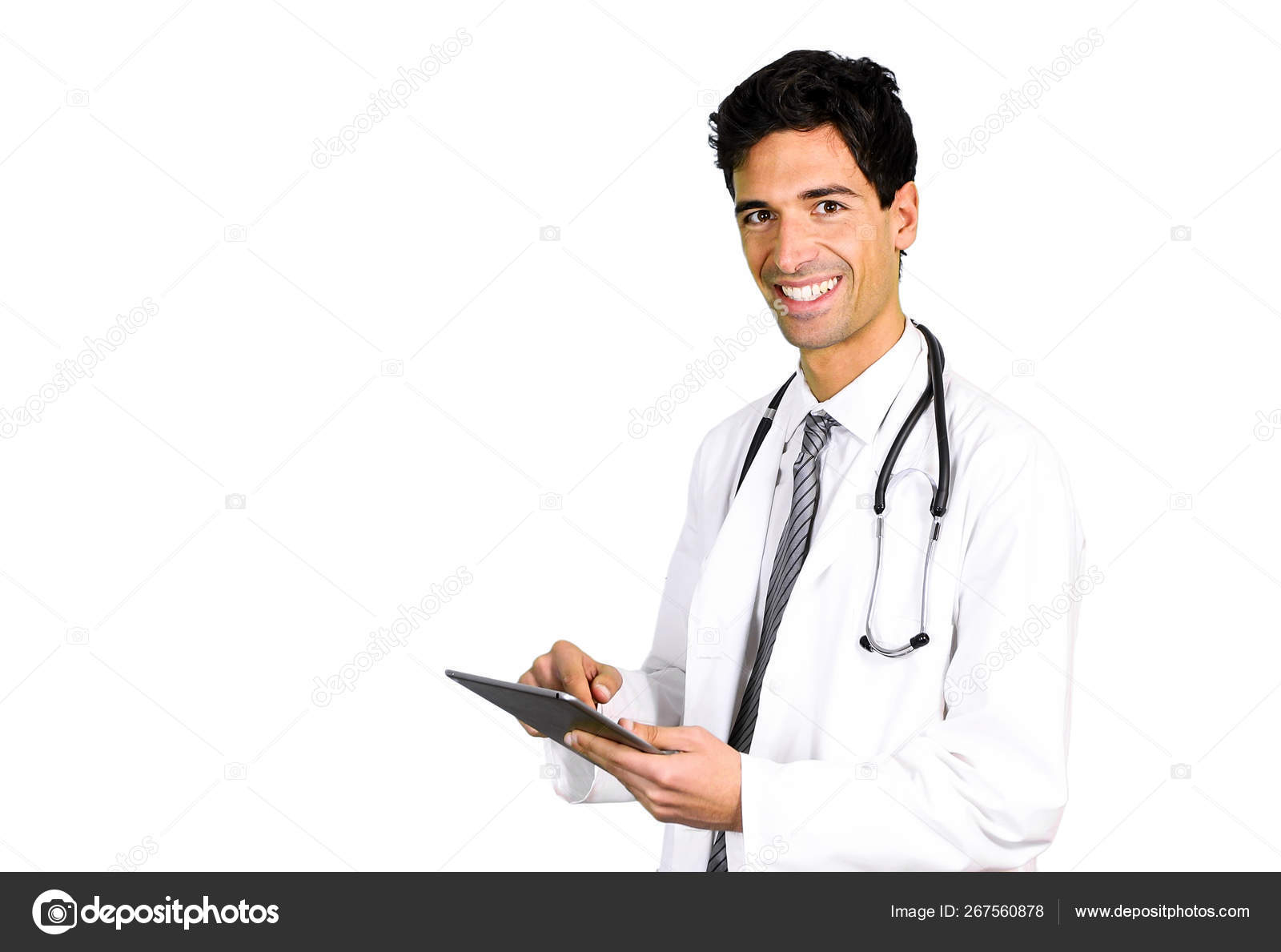 Serious Doctor Man Browsing Tablet Isolated White Background Stock ...