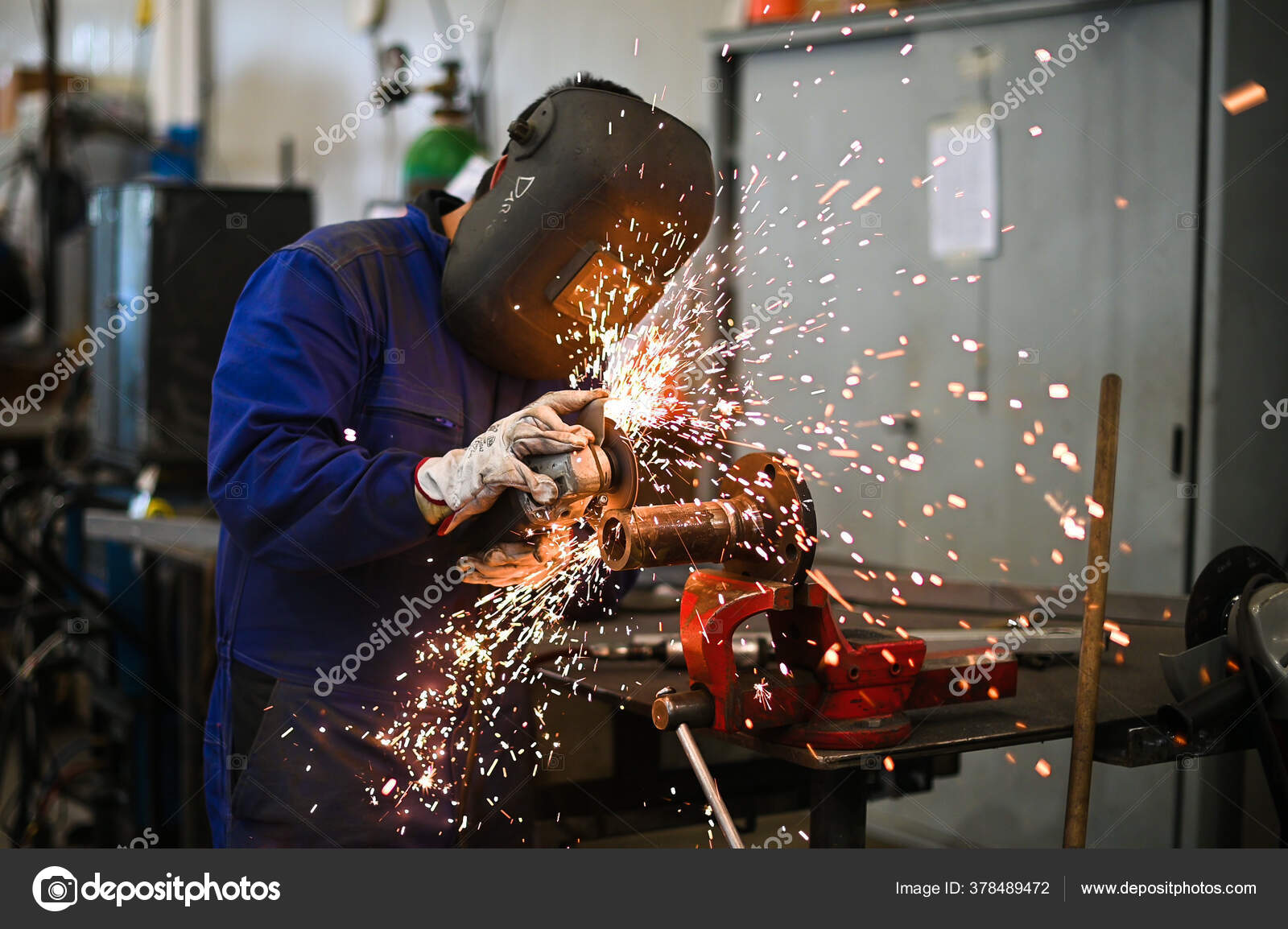 Worker Operating Angle Grinder Making Lots Sparks Stock Photo by ...