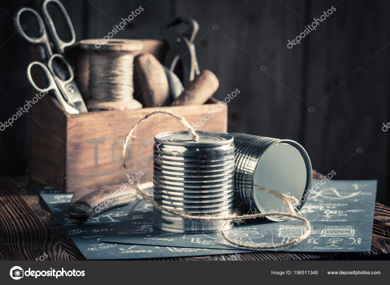 Retro Analog Telephone Made String Cans Scheme — Stock Photo ...